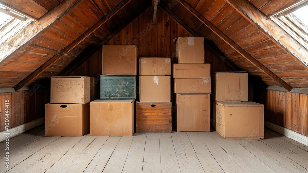 Creepy attic in an abandoned house, filled with old boxes and forgotten ...