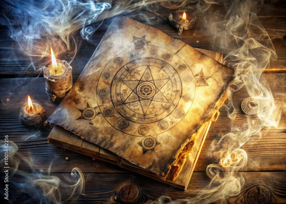 Intricate, mystical symbols and arcane glyphs adorn ancient, worn ...