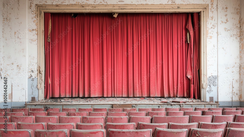 Derelict theater with tattered red curtains and broken seats, once a ...