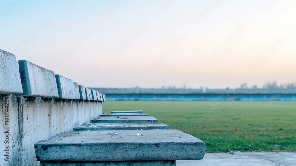 Deserted football stadium with broken seats and an overgrown field ...