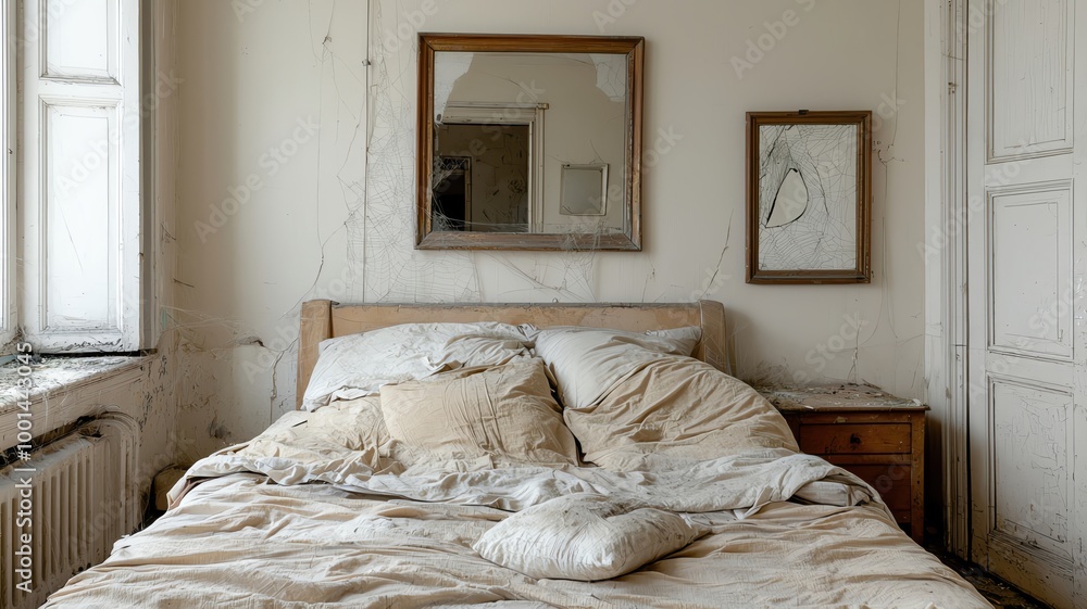 Dusty and cobweb-covered bedroom inside an abandoned house, with an ...