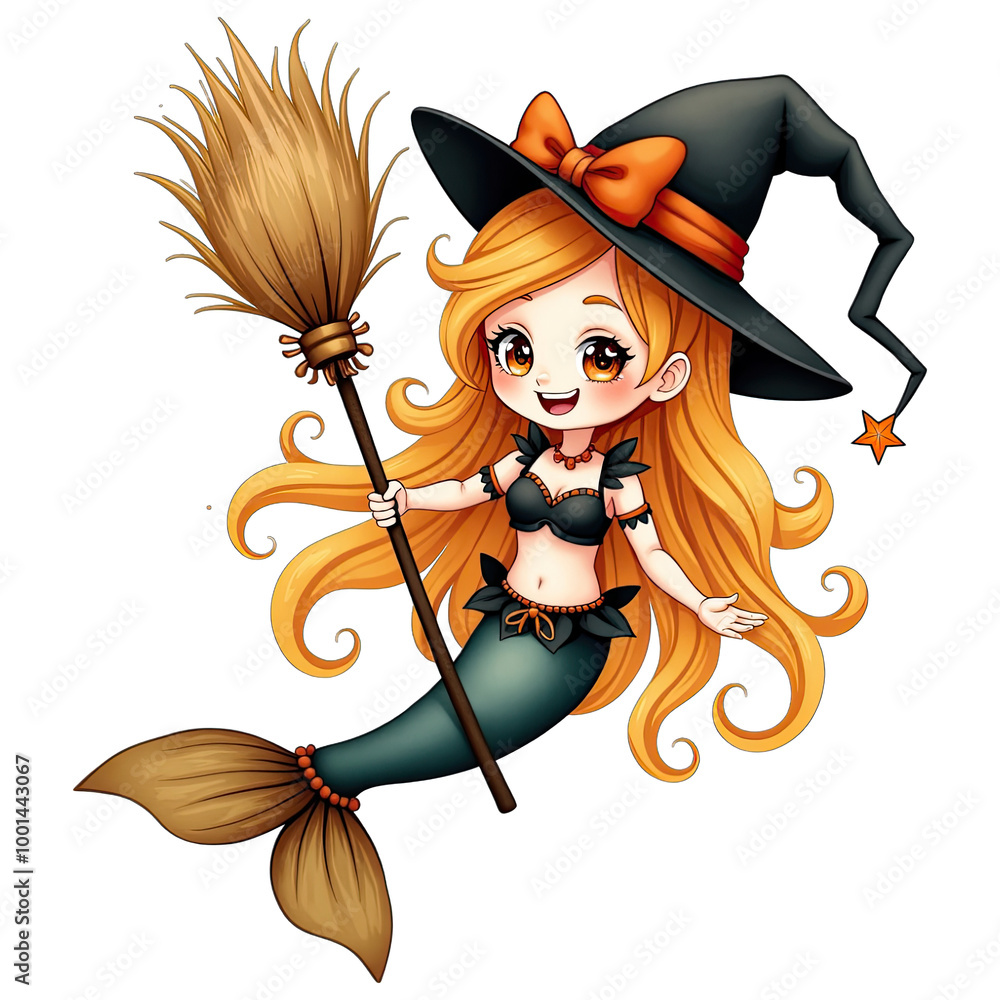 Chibi witch mermaid with orange hair holding a broom, cute fantasy ...