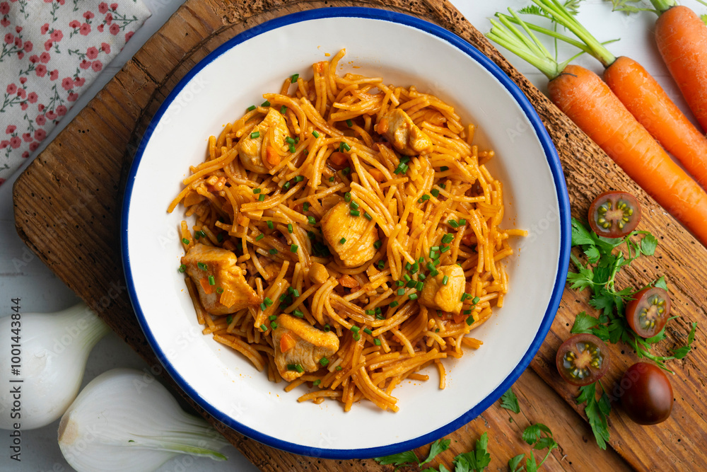 Spanish paella with fideuá and vegetables and chicken. Top view table ...
