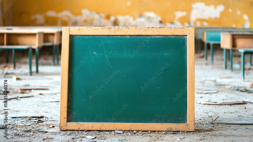 Empty school building with dusty classrooms and broken chalkboards, abandoned by students and ...