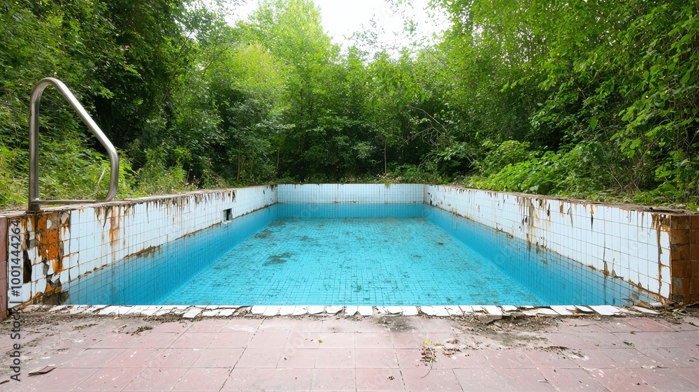 Empty swimming pool with cracked tiles and stagnant water, long ...