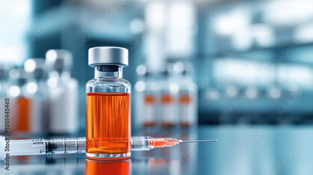 Red liquid vial and syringe with blurred medical background, healthcare ...