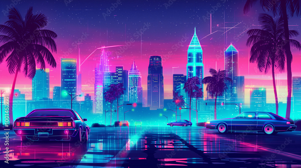 80s style vector art of an urban cityscape with neon lights, digital ...