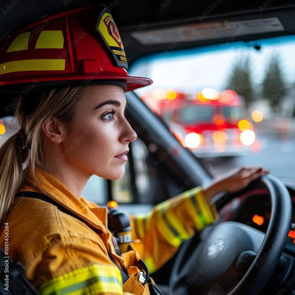 Female firefighter in uniform driving a fire truck to an emergency ...