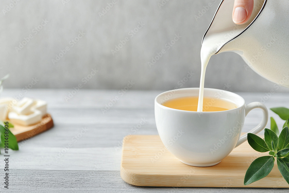 Hand pouring milk into a cup of tea, representing the addition of milk ...