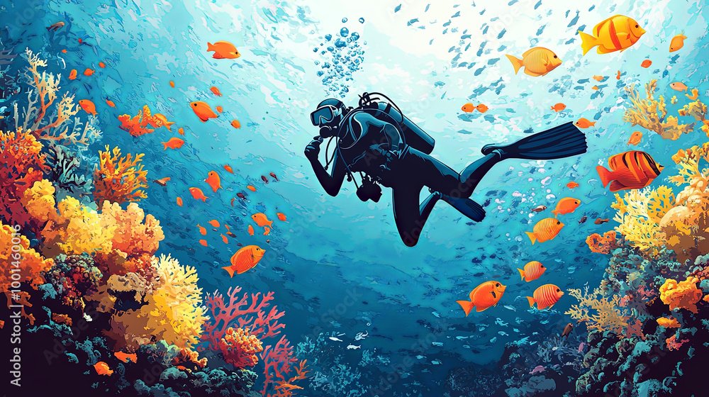 Diving into vibrant underwater world, scuba diver explores colorful coral reefs surrounded by ...