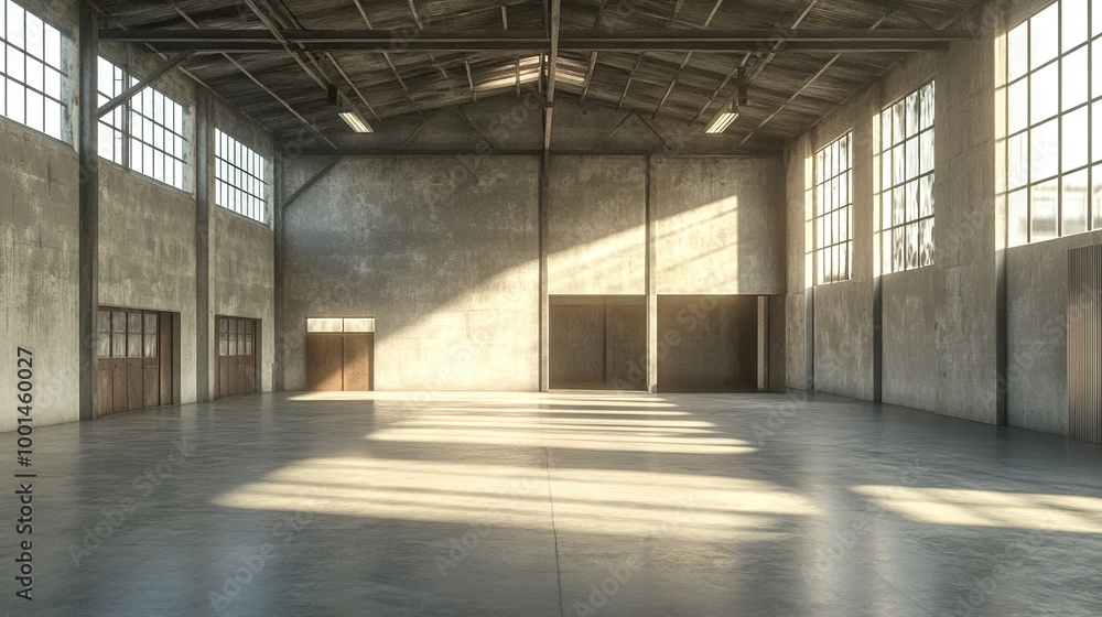 Open warehouse studio with high ceilings and a minimalist setup. The ...