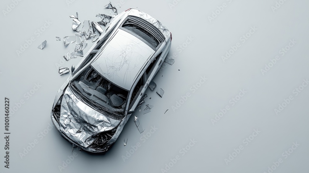 Overhead view of a car with a smashed roof and deployed airbags ...