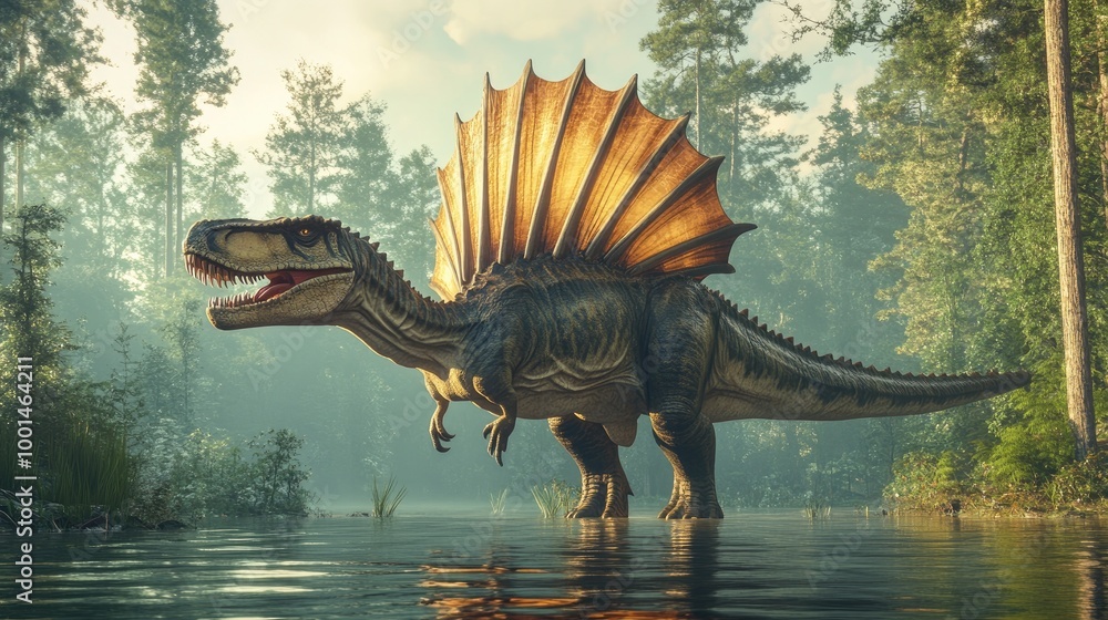 Realistic portrayal of a Spinosaurus standing in a river, its large ...
