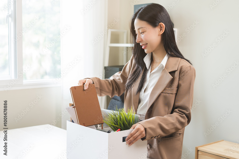 Happy smiling asian young business woman office worker celebrating ...