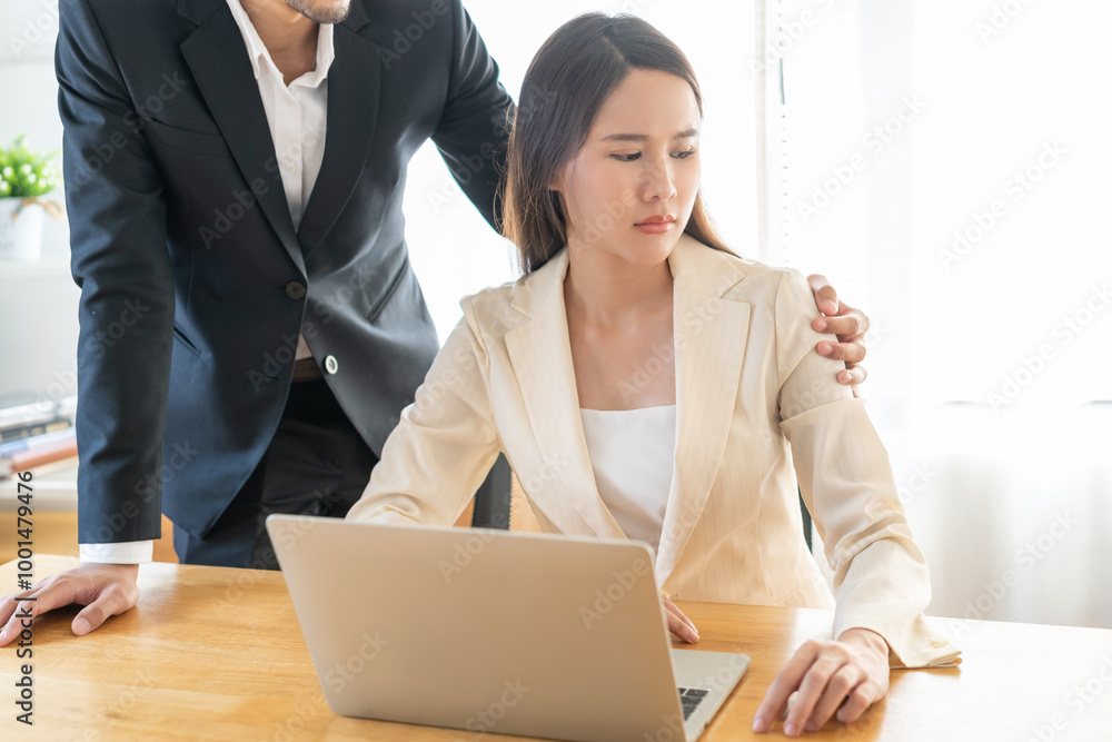 Disgusted asian young employee, pressure business woman uncomfortable ...