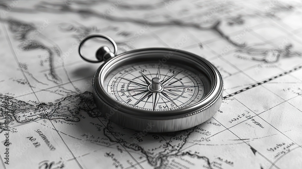 compass laying on old map, grid, tattoo design, black and gray ...
