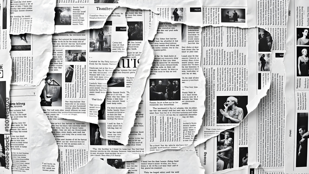 Ripped-up newspaper articles, black and white, abstract format ...