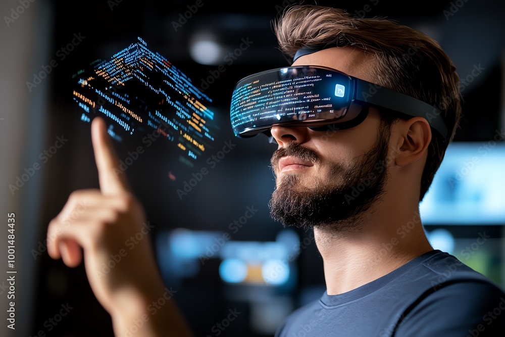 Futuristic code review session, where developers use augmented reality glasses to visualize and ...