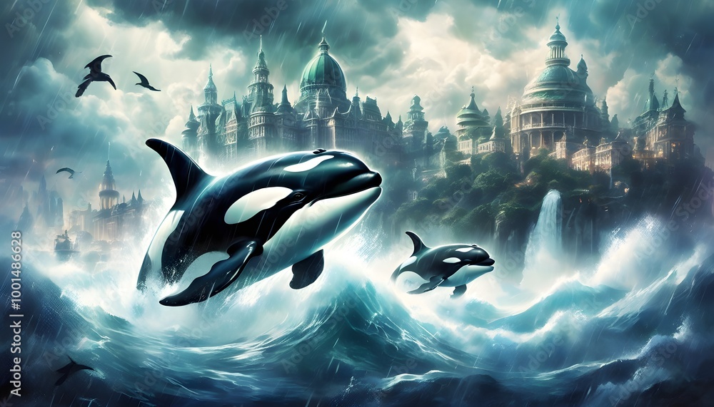 Mythical Orca Breaching Tumultuous Seas Beneath Cloud-Borne City ...