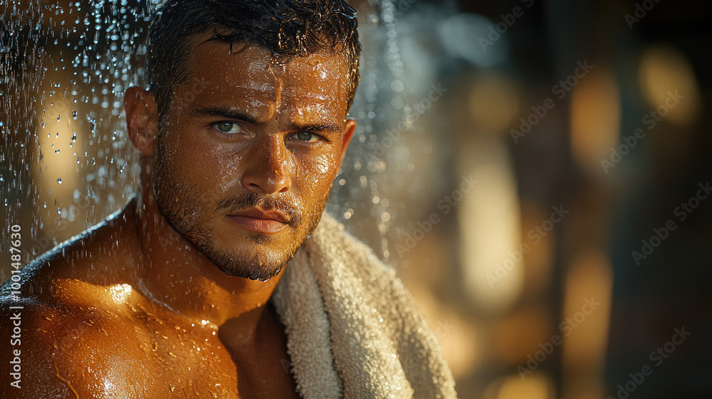 A young man with a towel draped over his shoulder stands under a warm ...