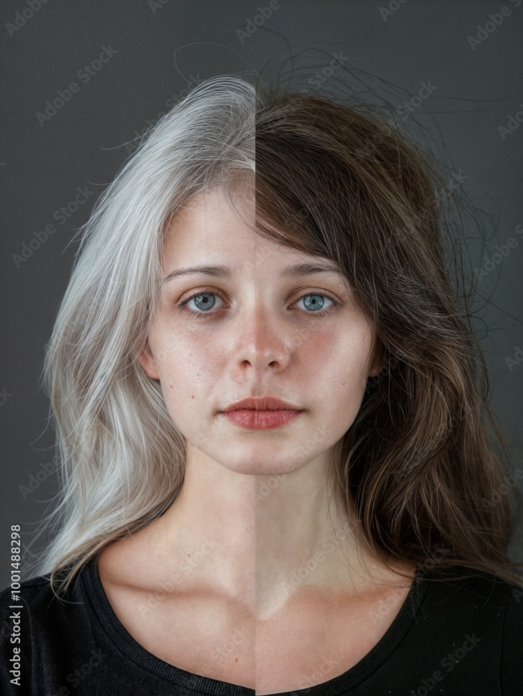 Split face. A split portrait of a woman, with one side featuring her ...