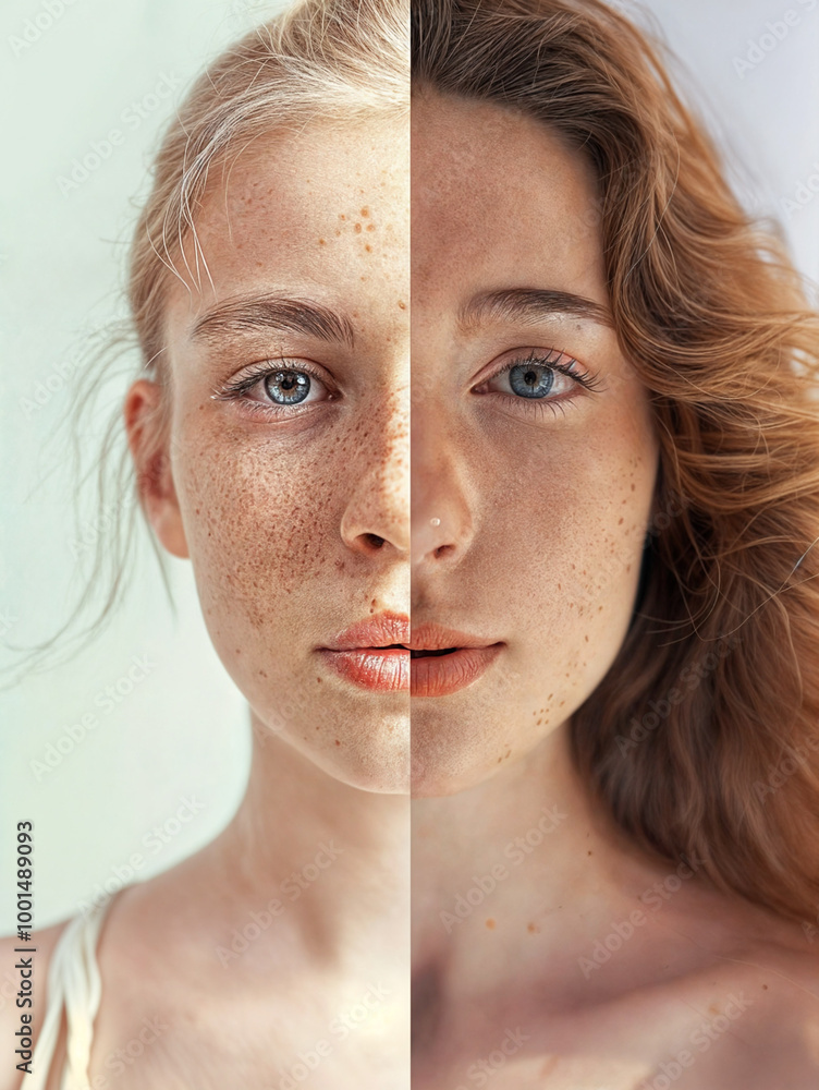 Split face of woman. Comparison between different skin types and hair ...