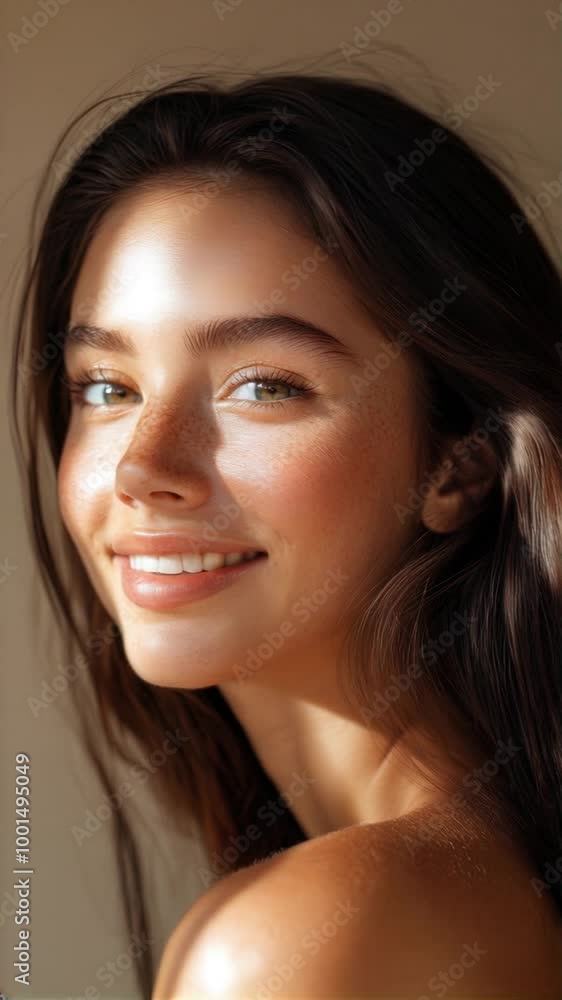 The stunning woman displays her radiant skin and soft features ...
