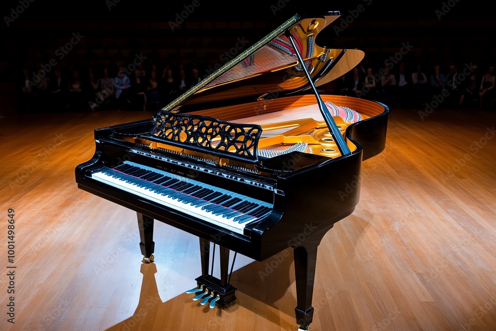Grand piano on a concert stage, bathed in soft, warm lighting, with the ...
