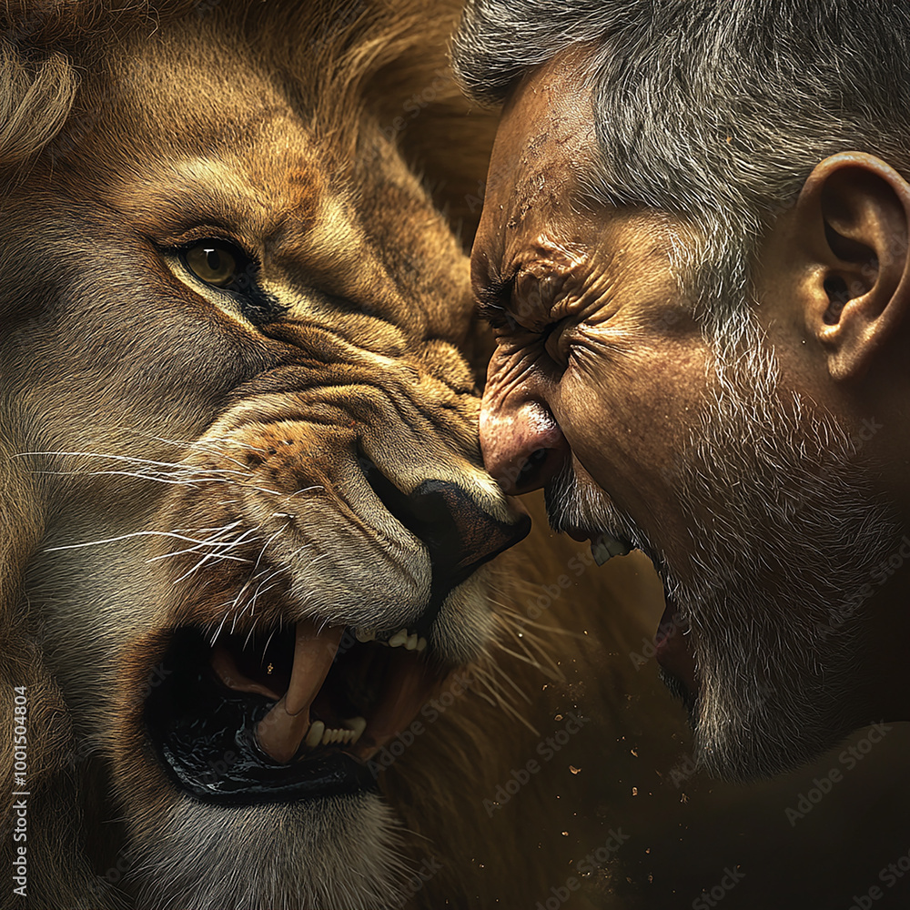 Intense Face-Off: A Close Encounter Between a Lion and a Man Stock ...