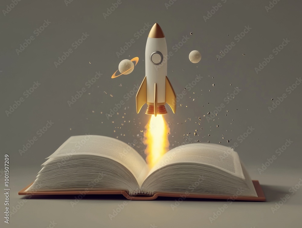 Rocket starts from open book, spaceship launches from dictionary ...
