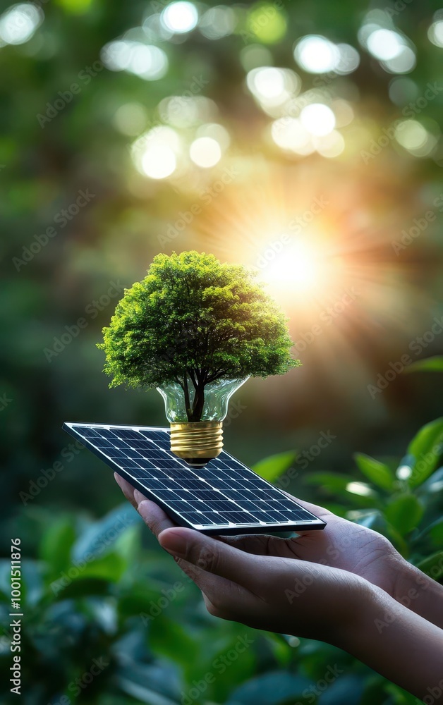 Light bulb glowing with green energy, with trees and solar panels ...