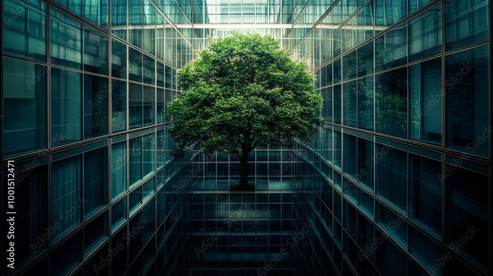 From the outside, a lush green tree is enclosed within a modern glass ...