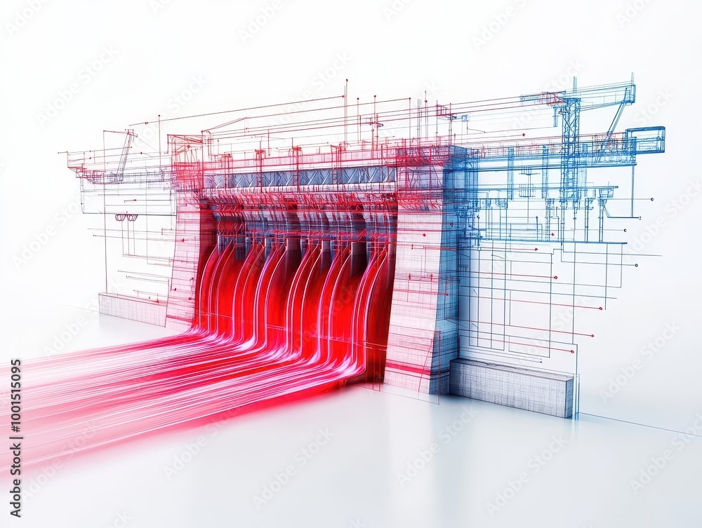 Engineering diagram of a hydroelectric dam with flow dynamics ...