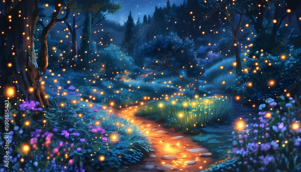 Magical midnight walk in a hidden fairytale garden, aglow with dancing ...