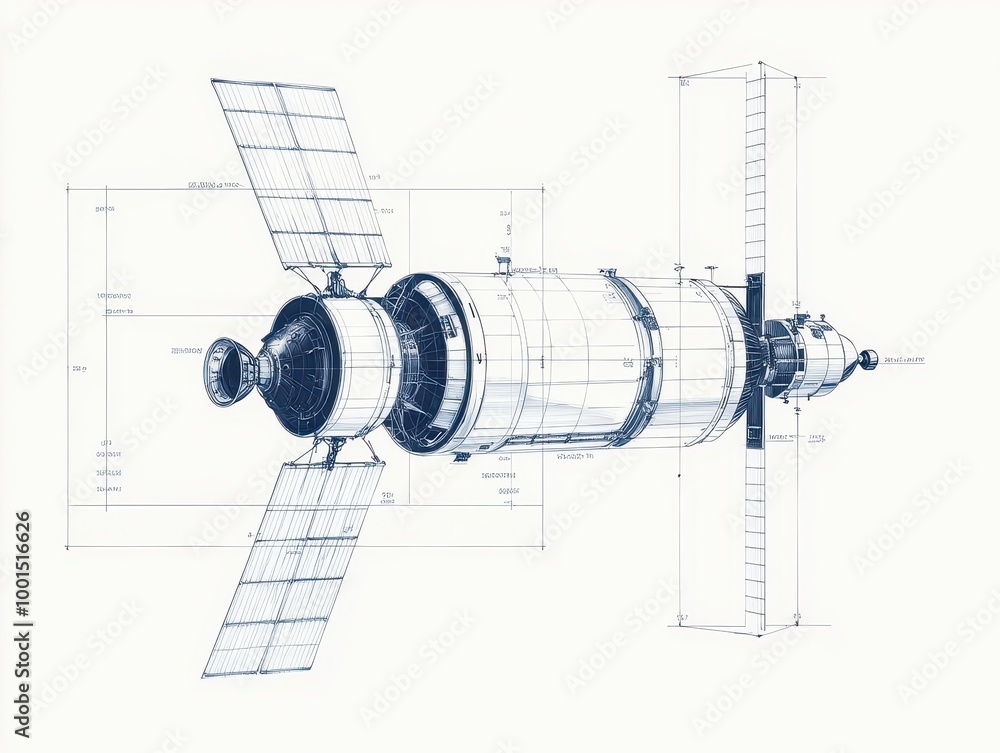High-detail technical illustration of a satellite with labeled parts ...