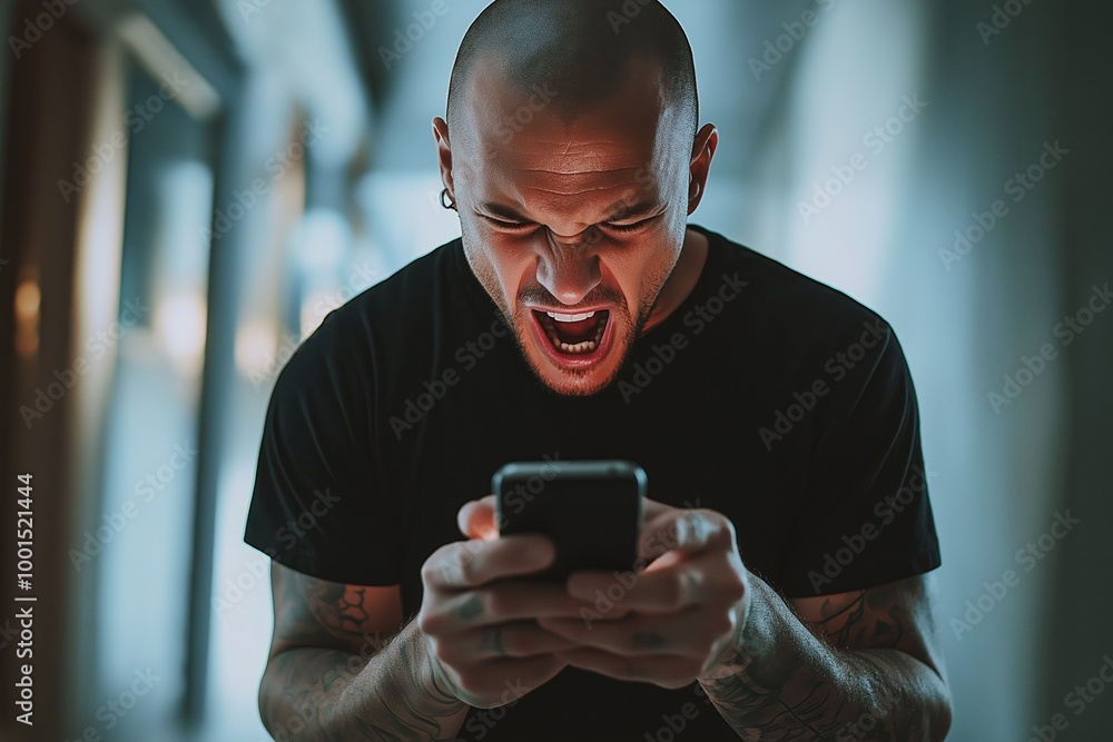 Angry Man Yelling at Phone in Dimly Lit Hallway Highlighting ...