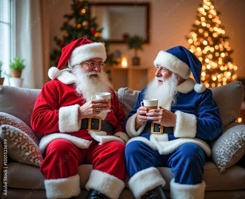 two Santa Claus in a red and blue suit are sitting on the sofa drinking ...