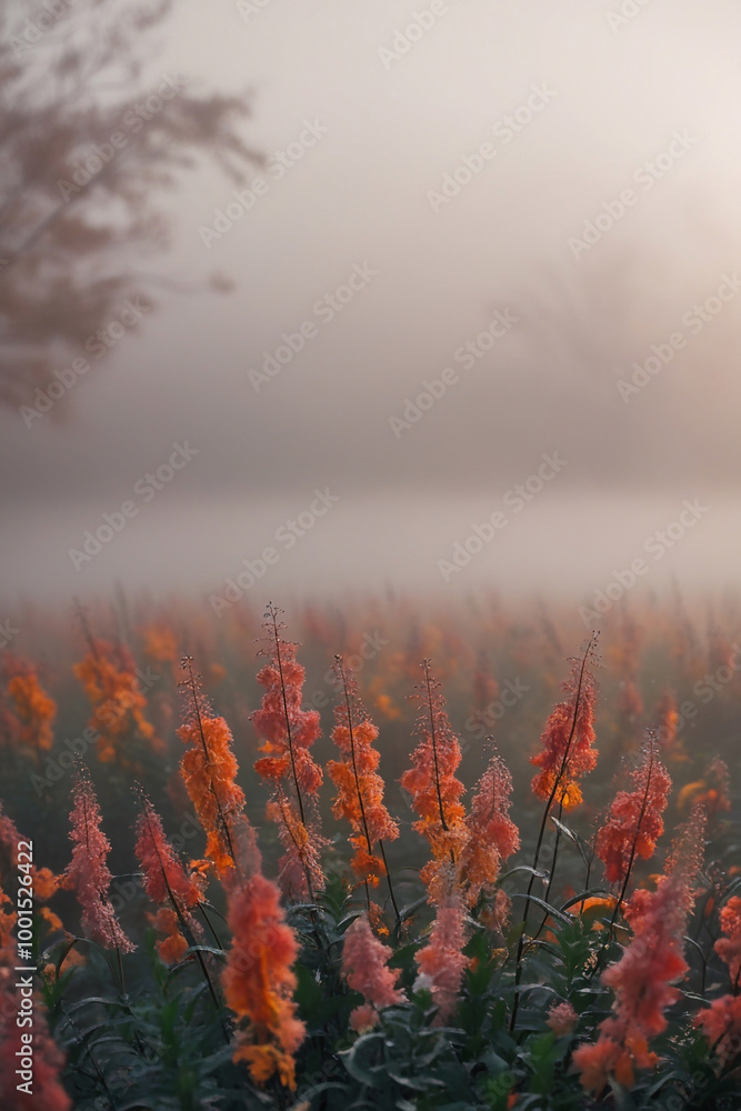 A serene and eerie misty autumn morning scene set in a lush field of ...