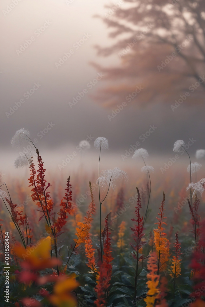 A serene and eerie misty autumn morning scene set in a lush field of ...