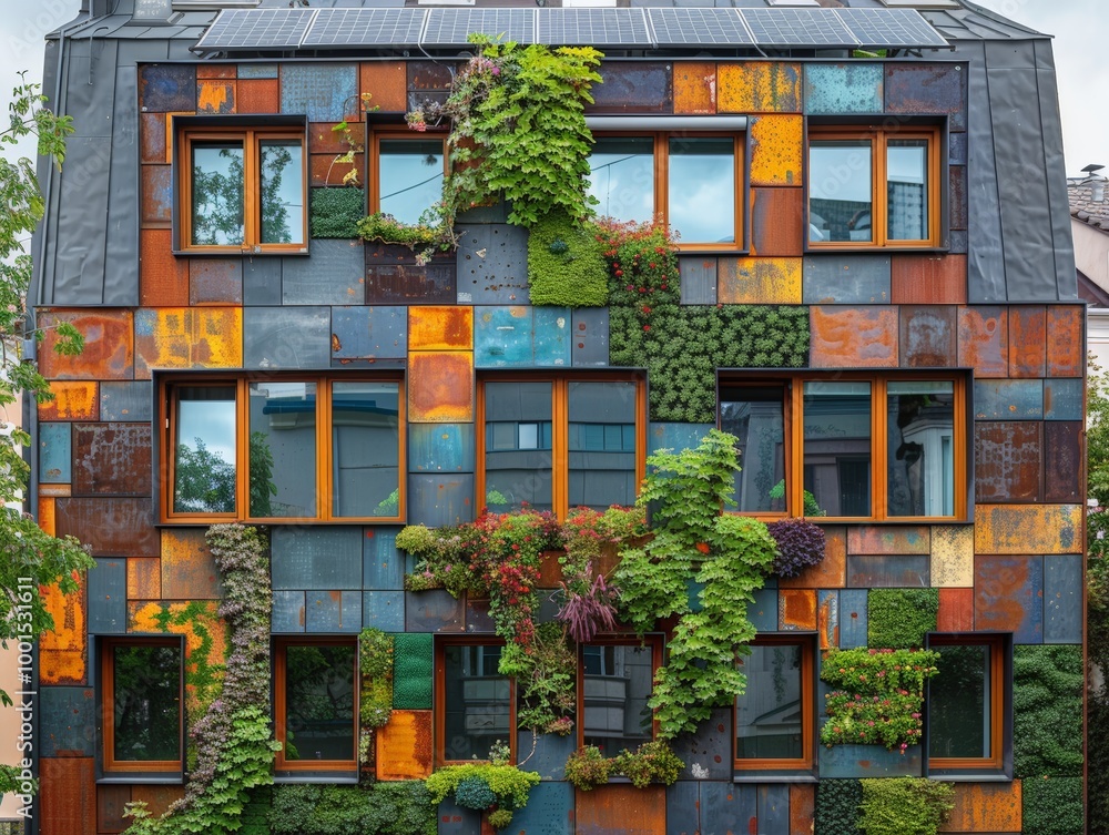 Patchwork facade rusty metal and colorful panels, adorned with vertical ...