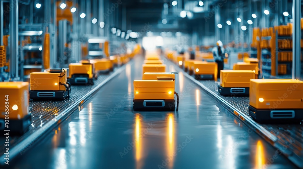 Factory floor with automated guided vehicles AGVs, logistics automation ...