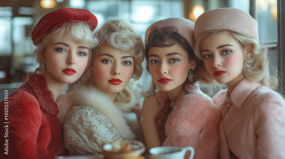 Four women of varying ages and backgrounds styled in classic vintage ...