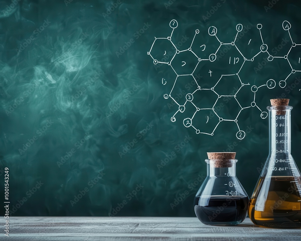 Chemical equations written on a glass board, scientific calculations ...