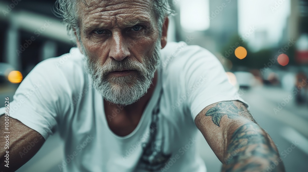 An intense and rugged elderly man with arm tattoos gives a fierce look ...