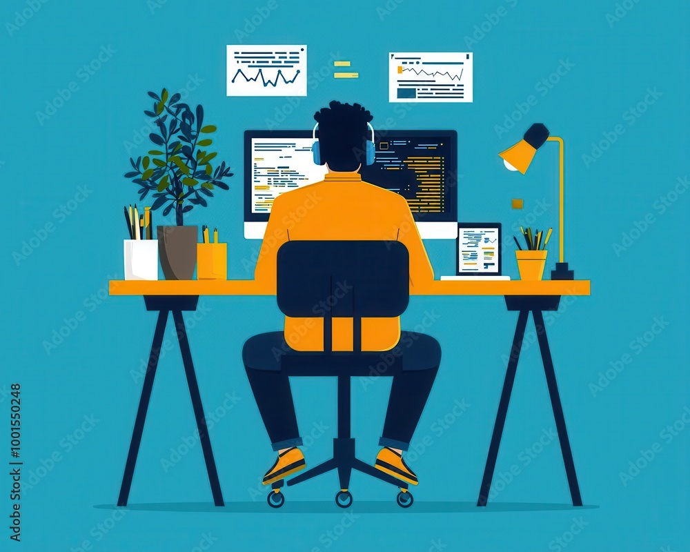 Developer creating machine learning algorithms, graphs and data, flat ...