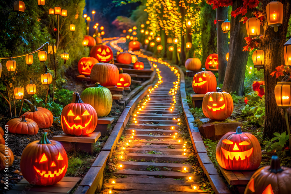 Enchanted Pumpkin Pathway: A magical Halloween scene unfolds along a ...