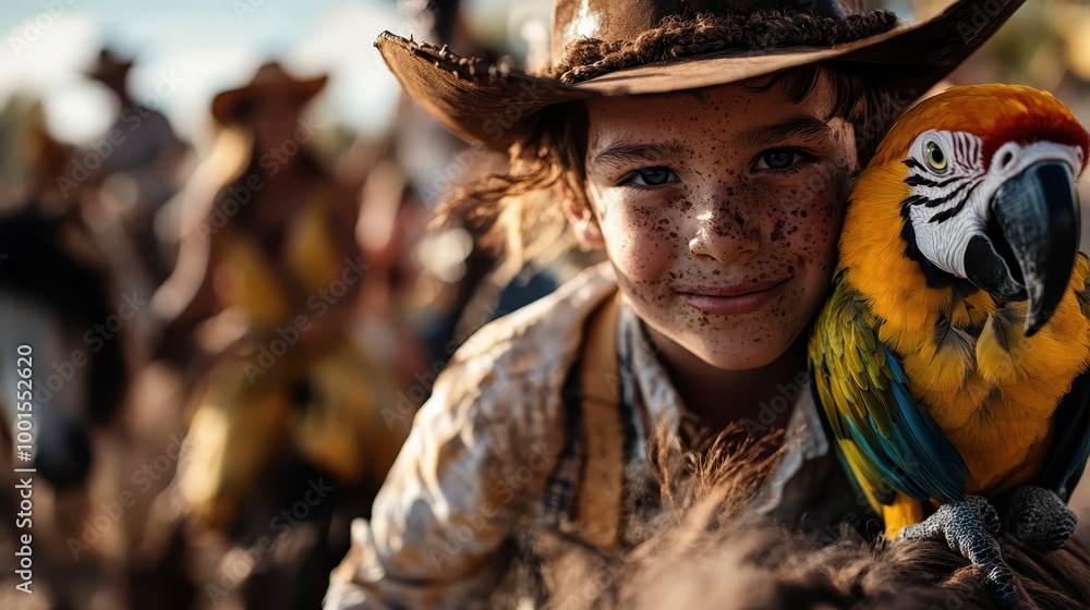 A young boy dressed as a cowboy, with a freckled face, smiling ...