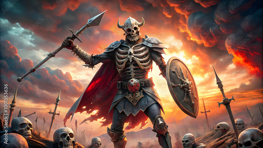 Skeleton Warrior's Fiery Stand: A skeletal warrior, clad in formidable armor and wielding a ...