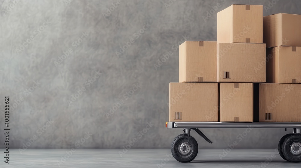 A cart stacked with cardboard boxes is positioned on a grey background ...