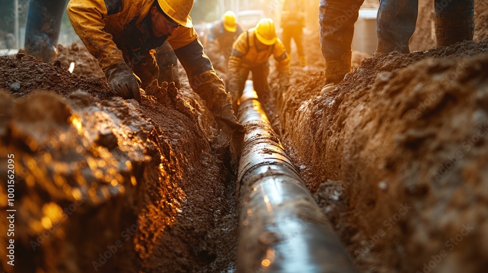 underground pipeline installation in progress with a utility crew ...